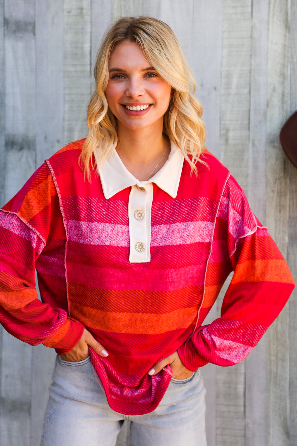 Stripe Hacci Button Henley Top