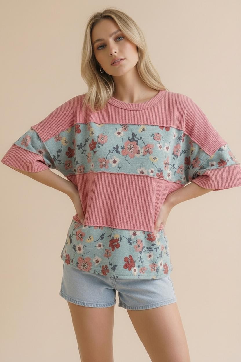 SHORT SLEEVE WAVE RIB FLORAL COLOR BLOCK TOP