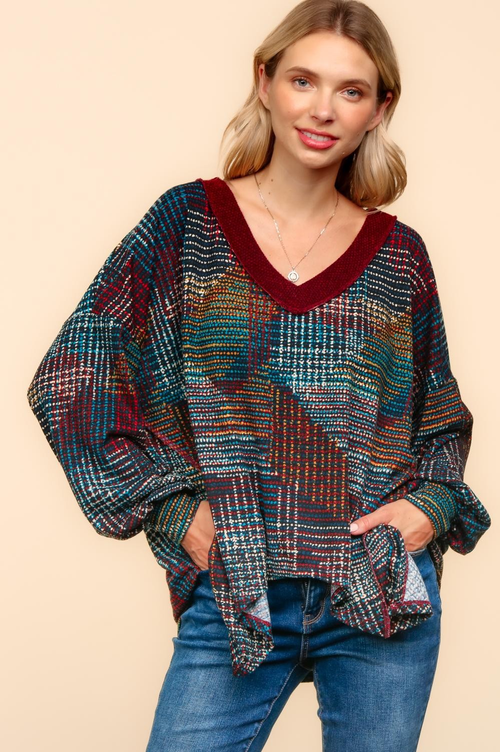 SOFT HACCI CHECKER PRINT SHARK BITE KNIT TOP