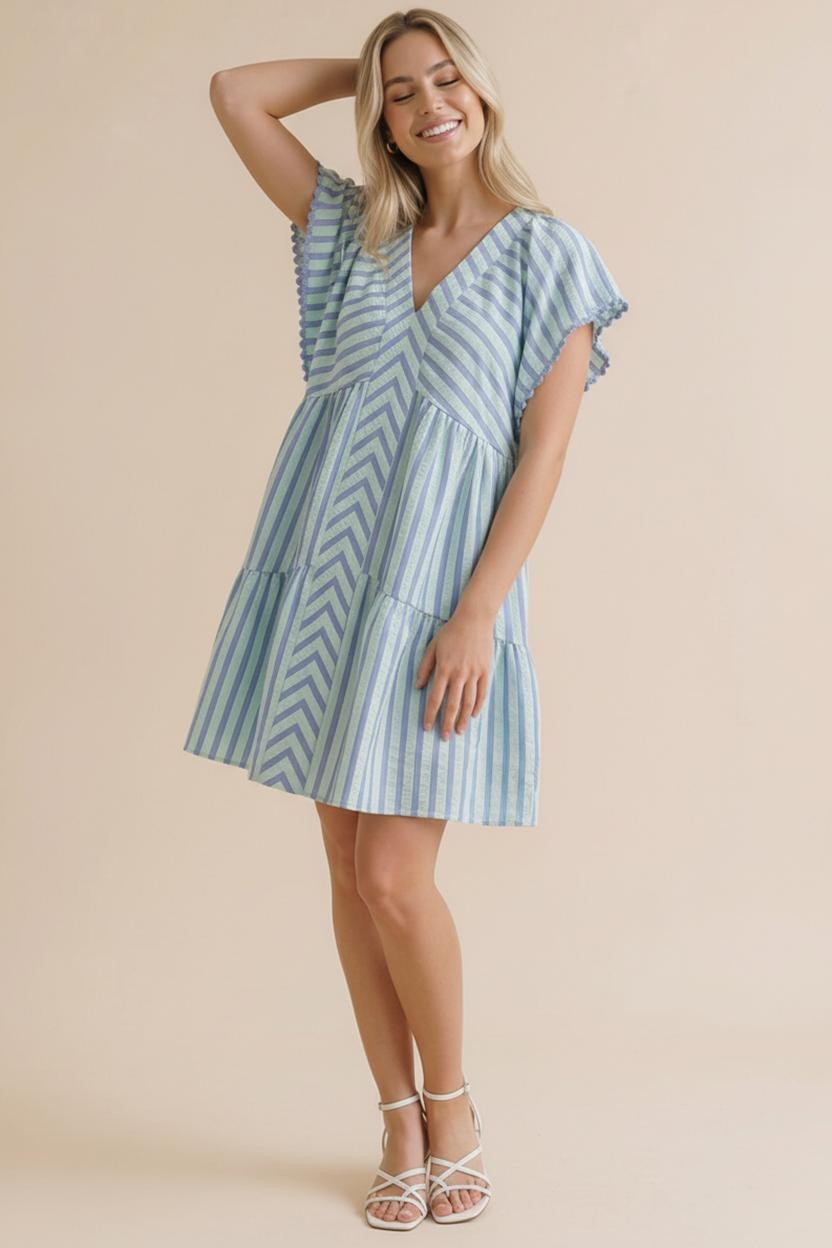 V-Neck Drop Shoulder Tiered Midi Dress