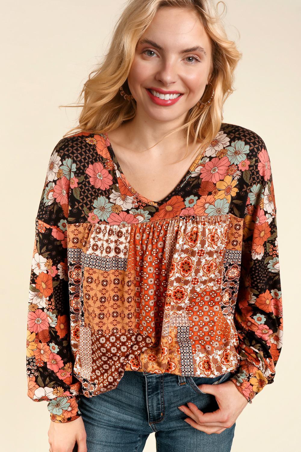 FLORAL COLOR BLOCK LONG SLEEVE PEASANT KNIT TOP