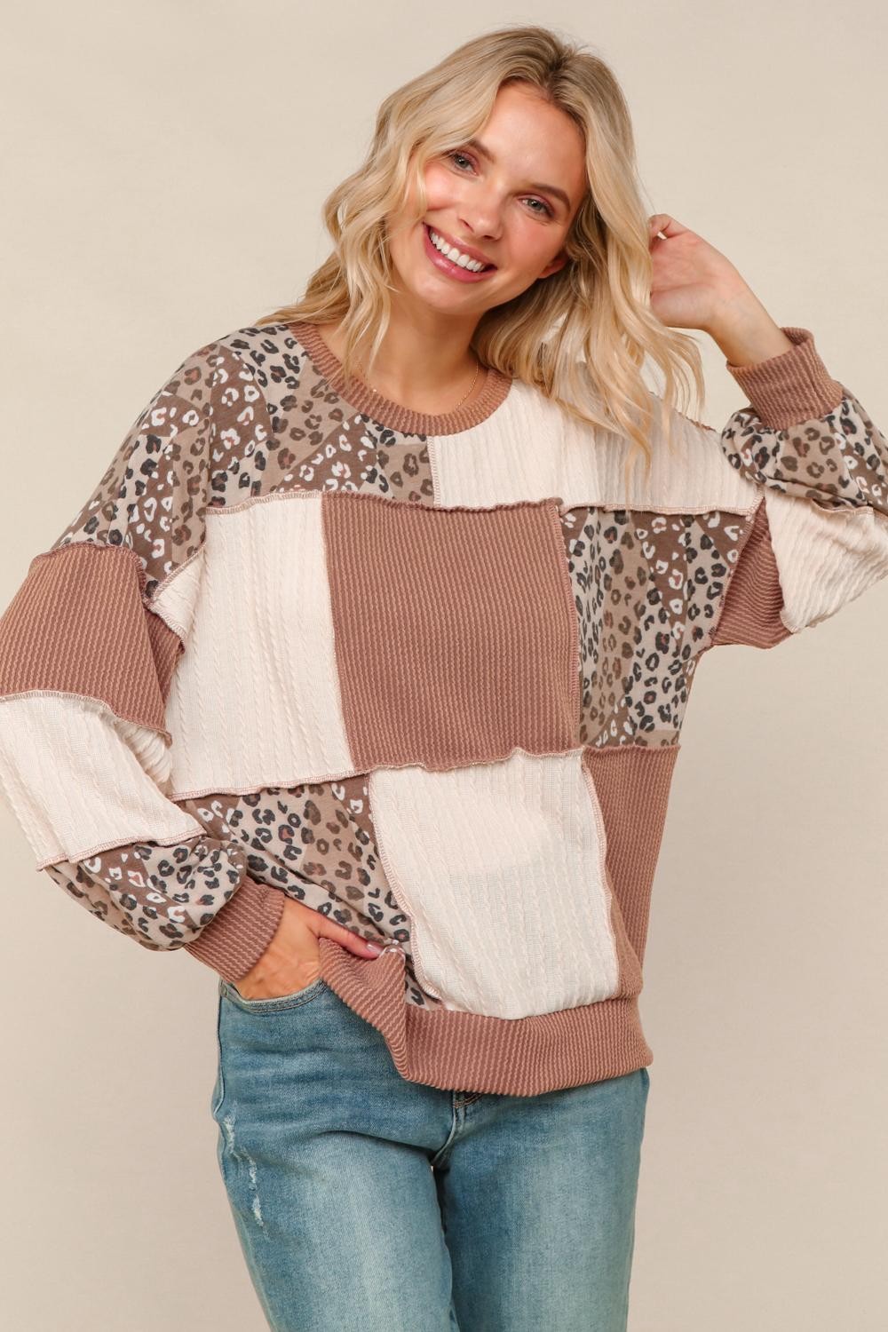 RIB CABLE KNIT LEOPARD PULLOVER KNIT TOP