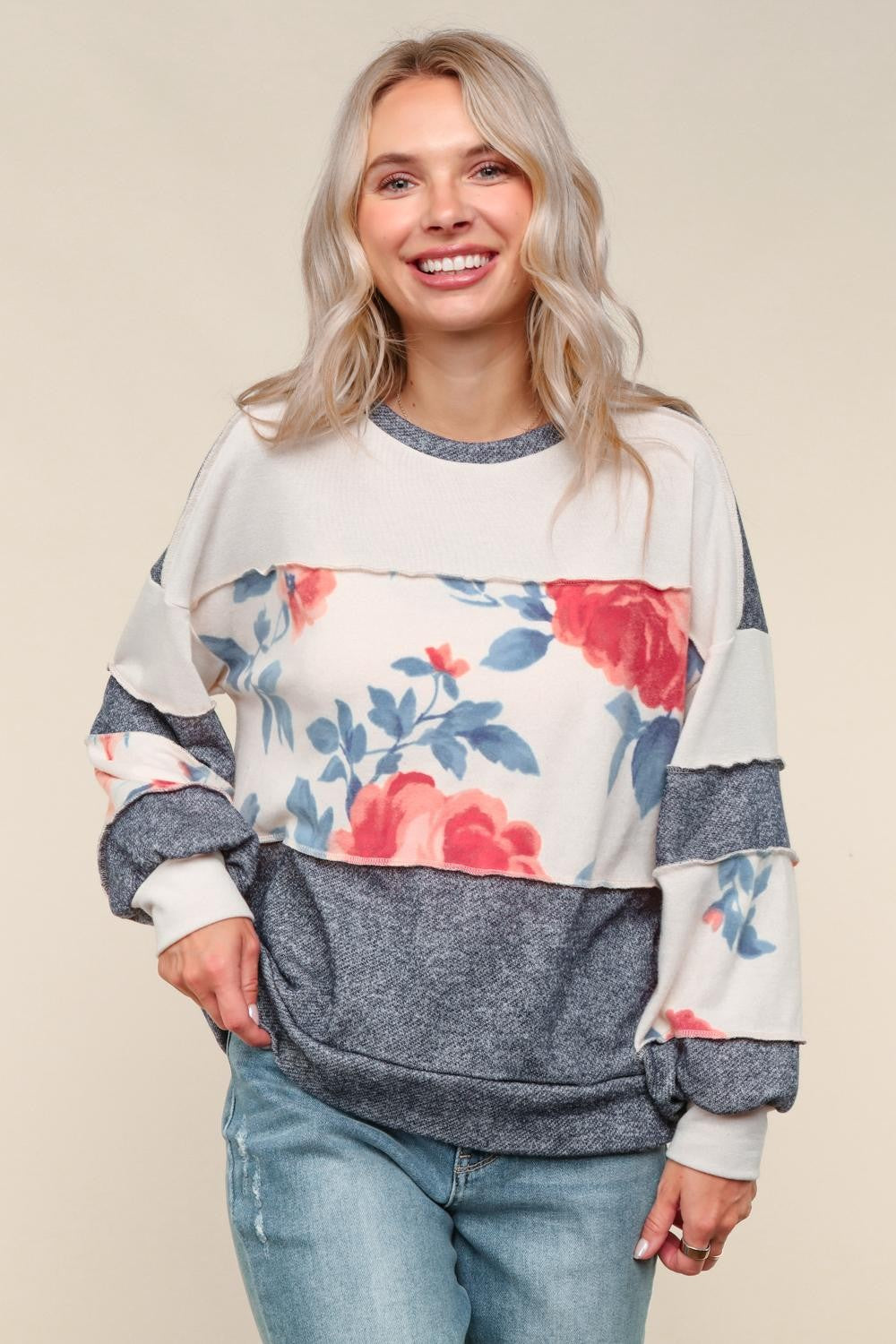 Plus French Terry Color Block Pullover Knit Top