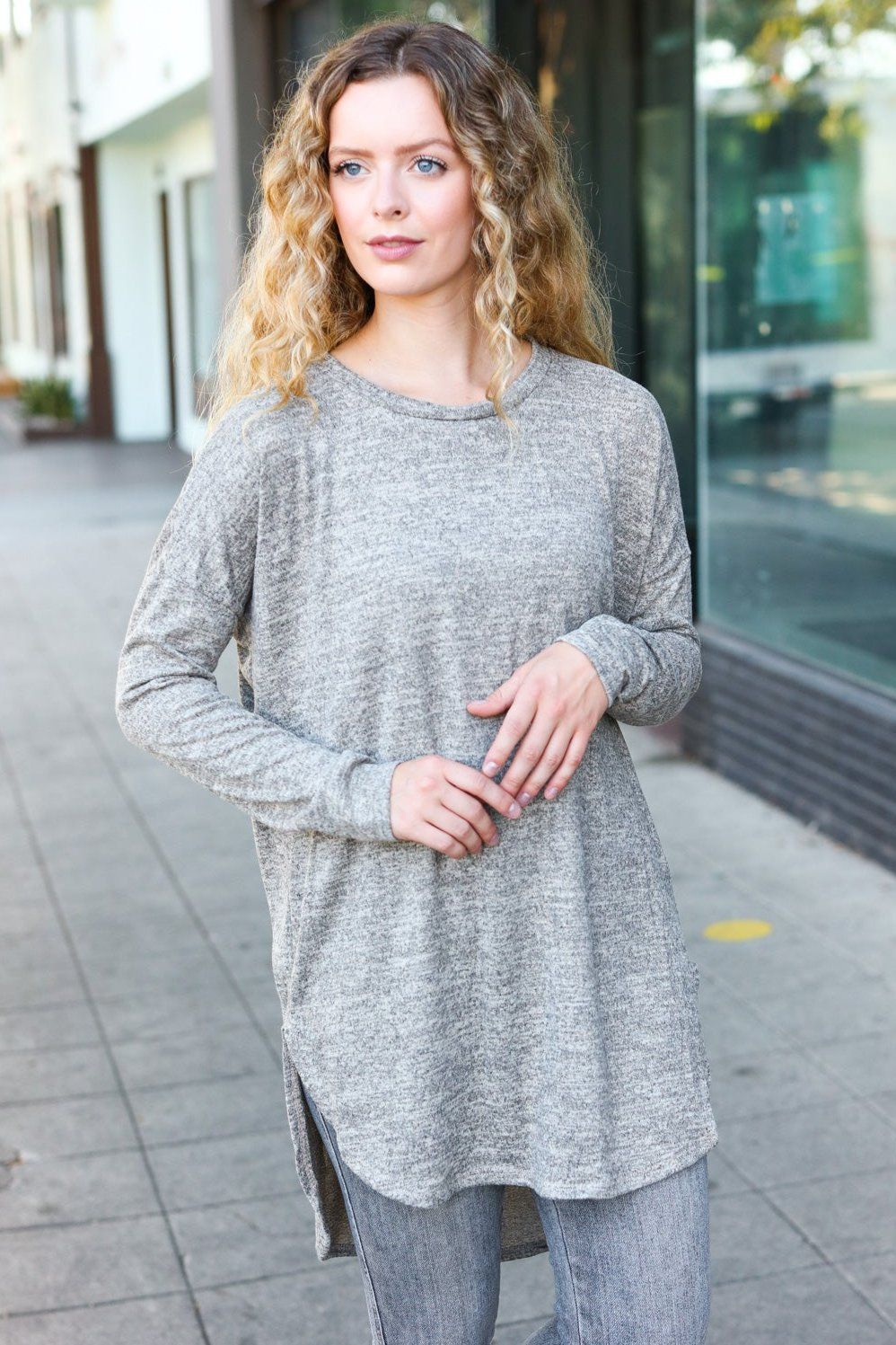 Casual Living Grey Two-Tone Tunic Side Slit Pullover (Open Pack)
