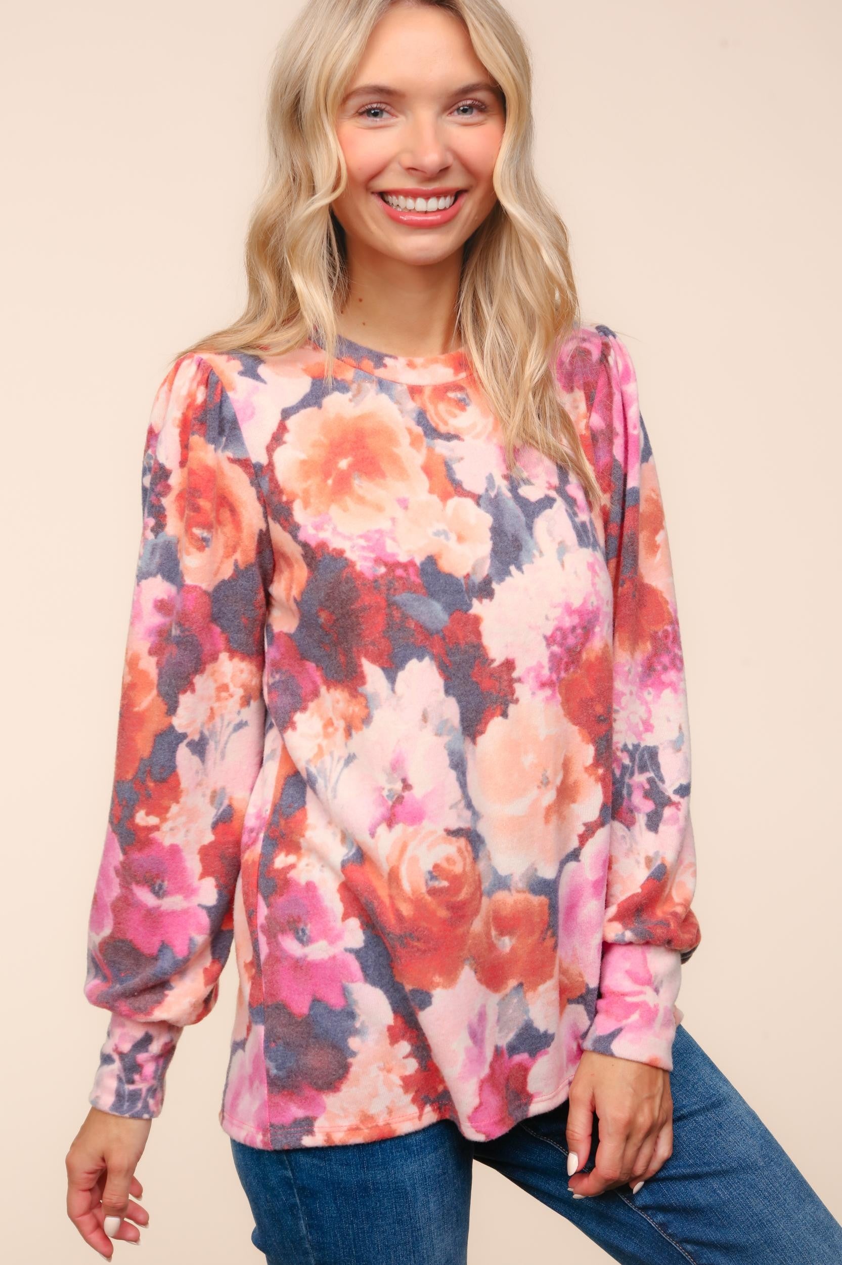 Round Neck Ruff Floral Brushed Hacci Knit Top