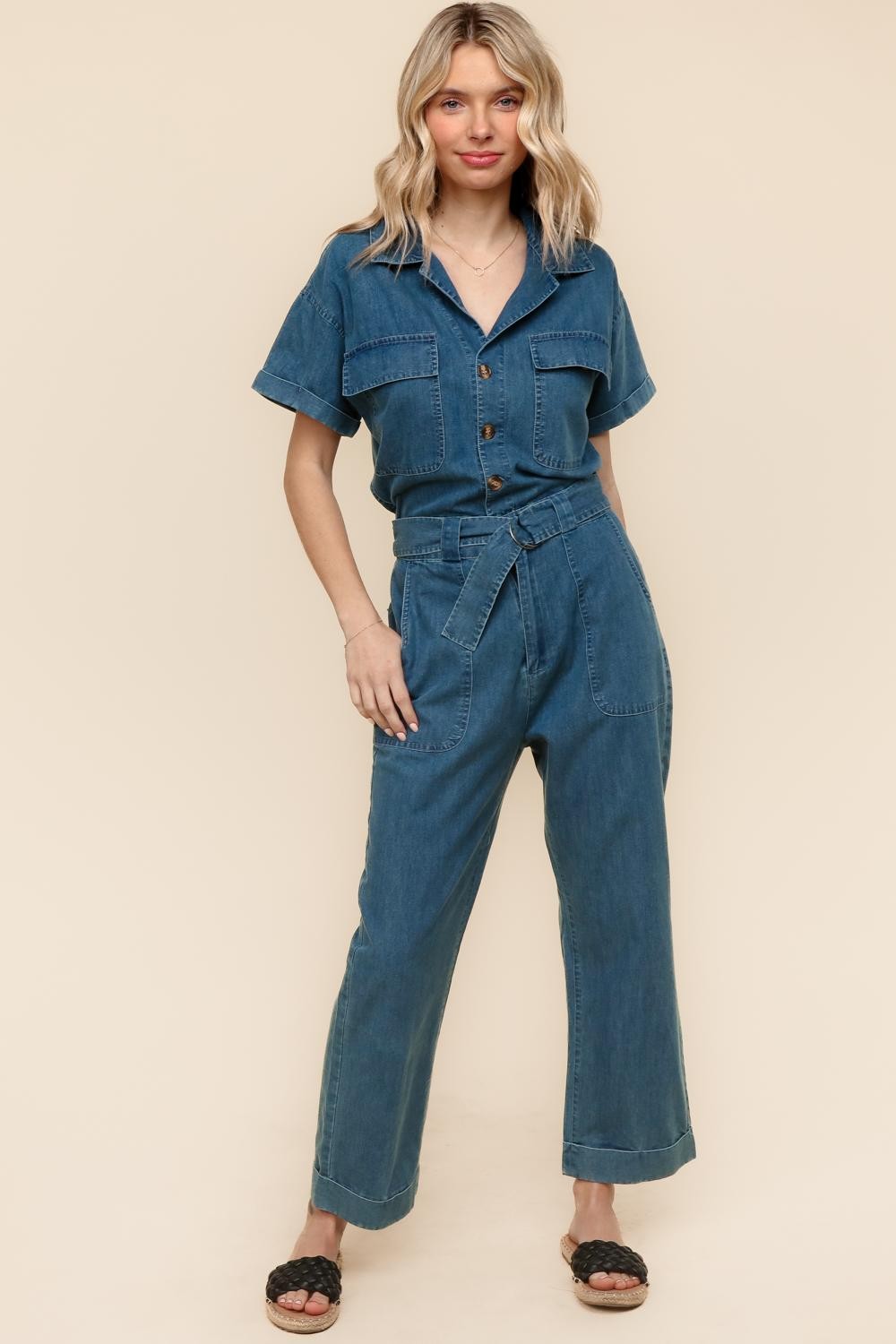 BUTTON DOWN JUMPSUIT W/ BELT AND SIDE POCKETS
