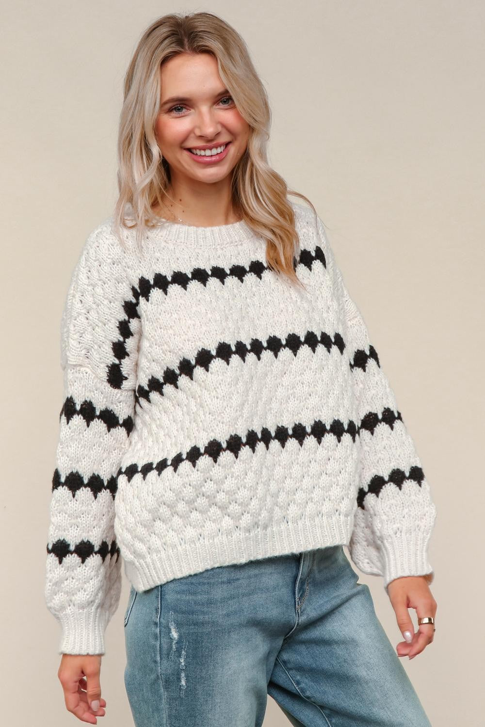 IVORY STRIPE PATTERNED COMFY PULLOVER SWEATER HOLIDAY TOP