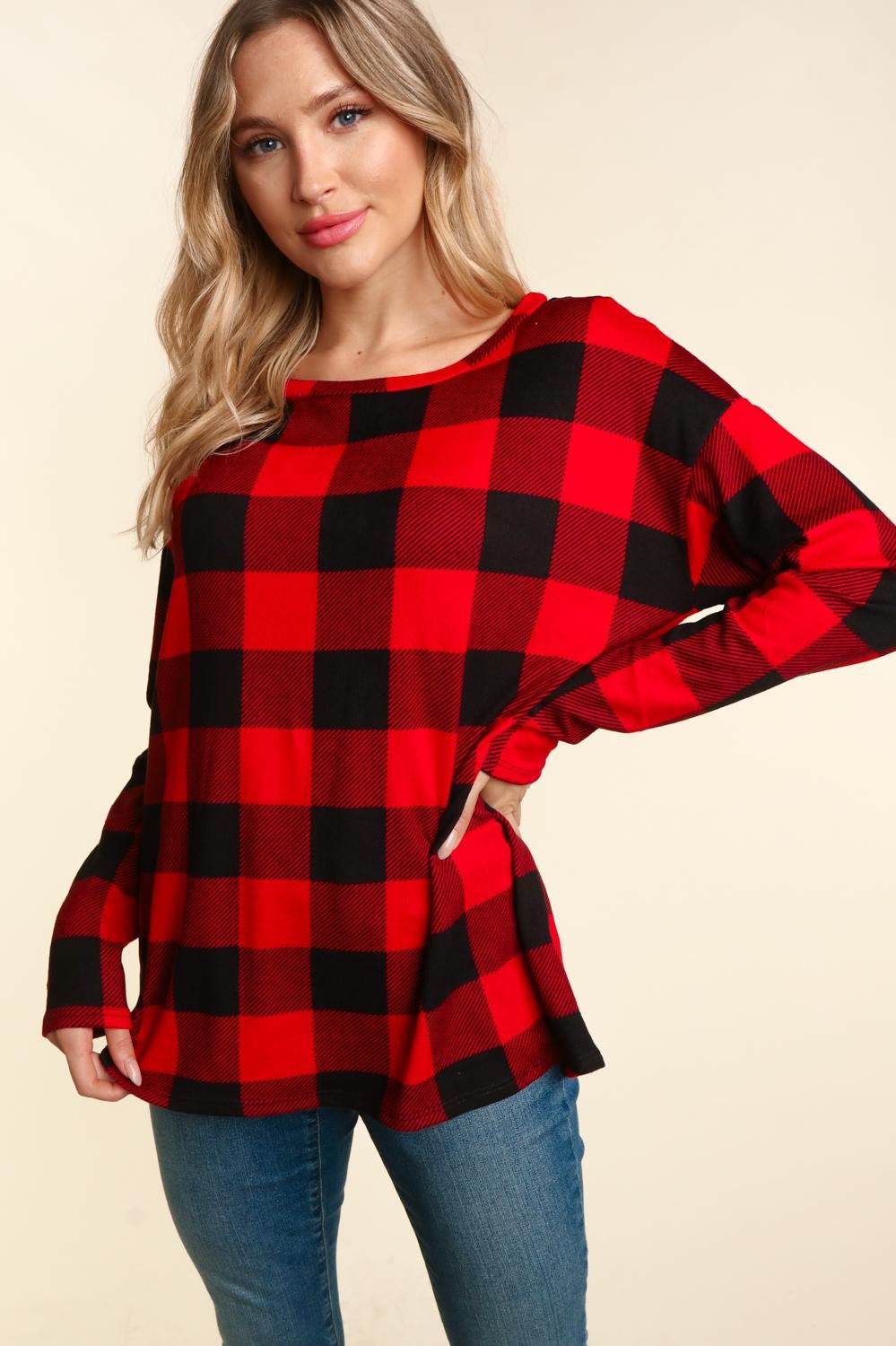 Red/Black CHECKER PLAID LONG SLEEVE KNIT TOP