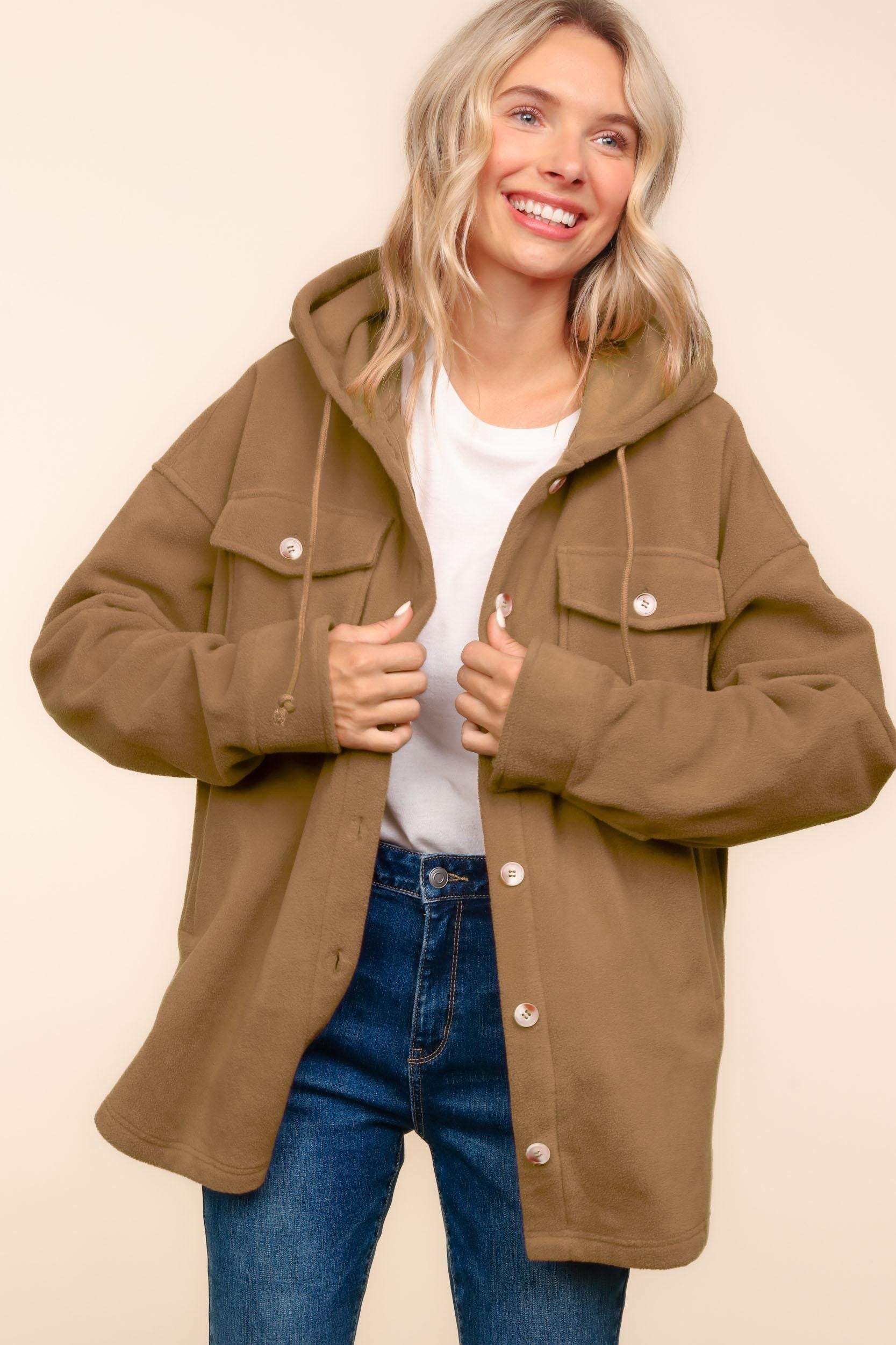 PLUS SOLID FLEECE BUTTON DOWN SHACKET WITH HOODIE