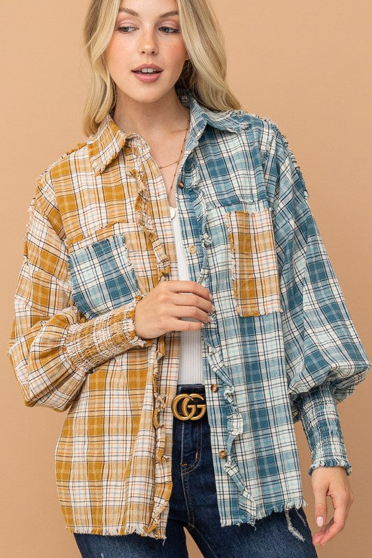 Plus Multi Plaid Color Block Top