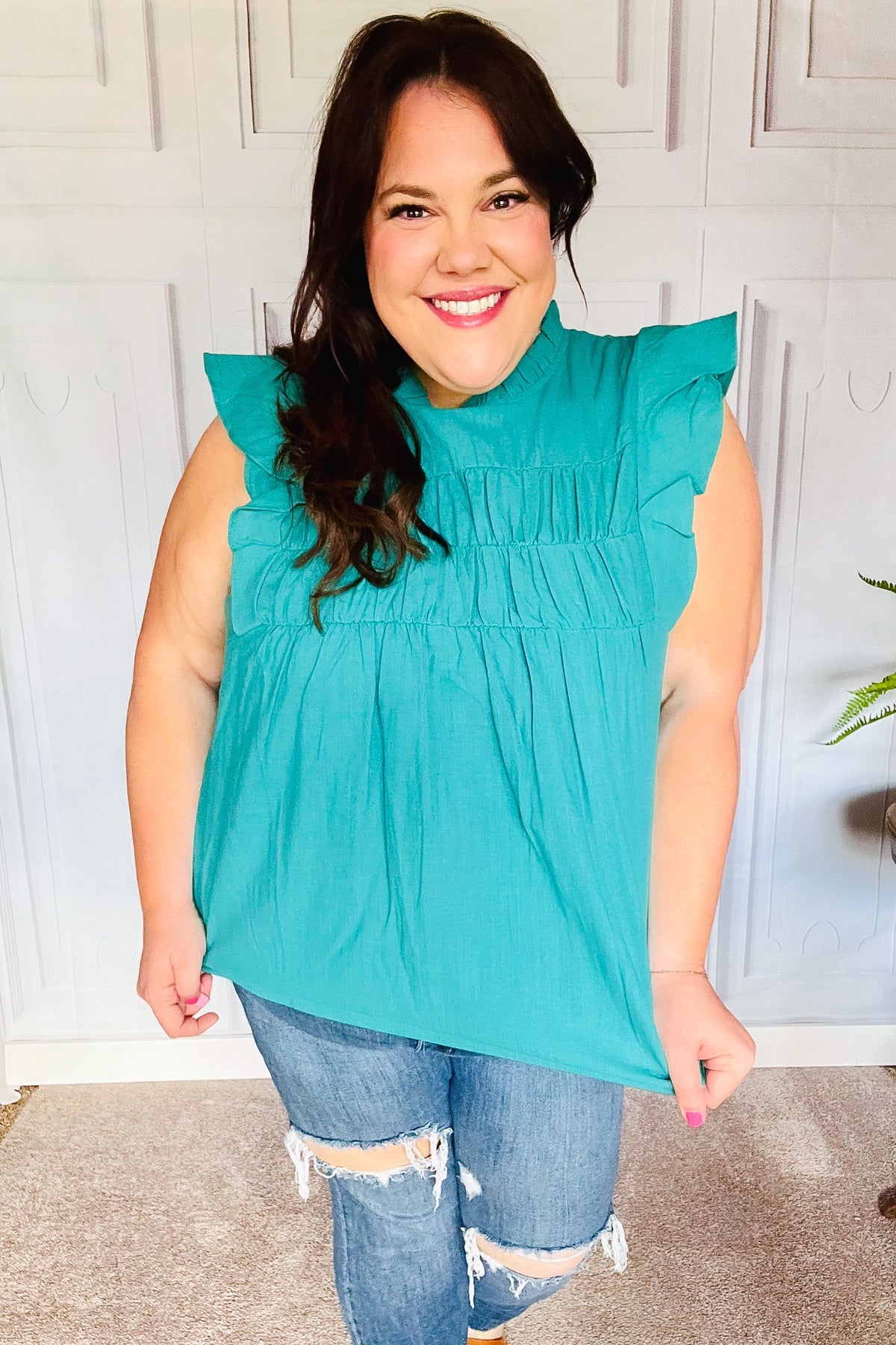 Love Life Cotton Turquoise Frill Mock Neck Flutter Sleeve Top (Open Pa