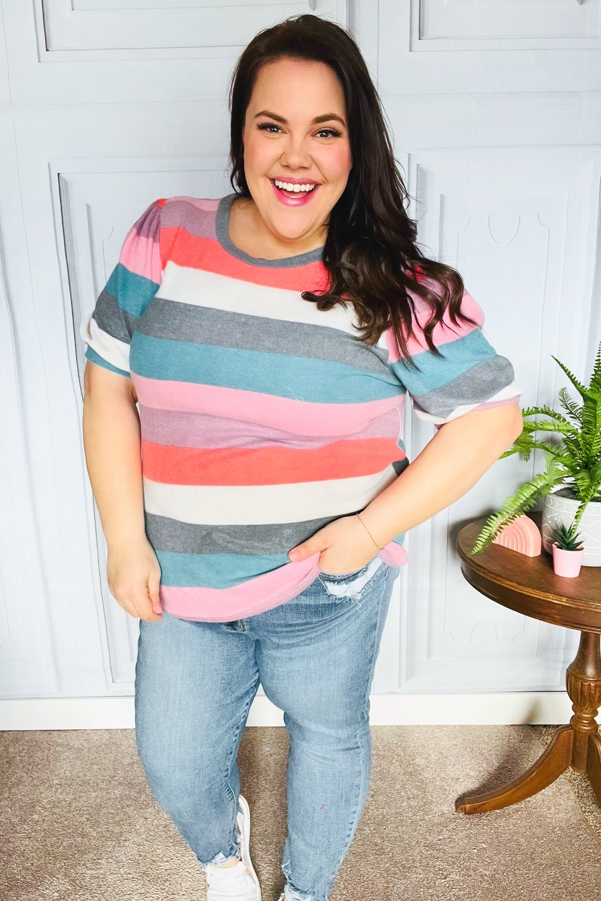 Look Out Teal & Rose Striped Hacci Knit Puff Sleeve Top (Open Pack)