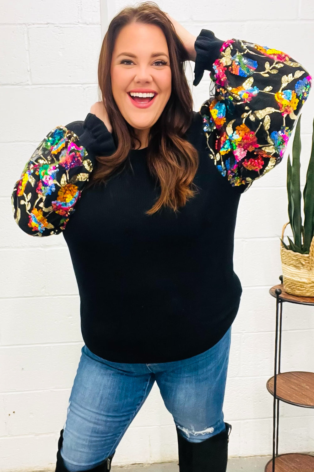 Diva Dreams Black Floral Sequin Mesh Sleeve Rib Knit Holiday Top (Open