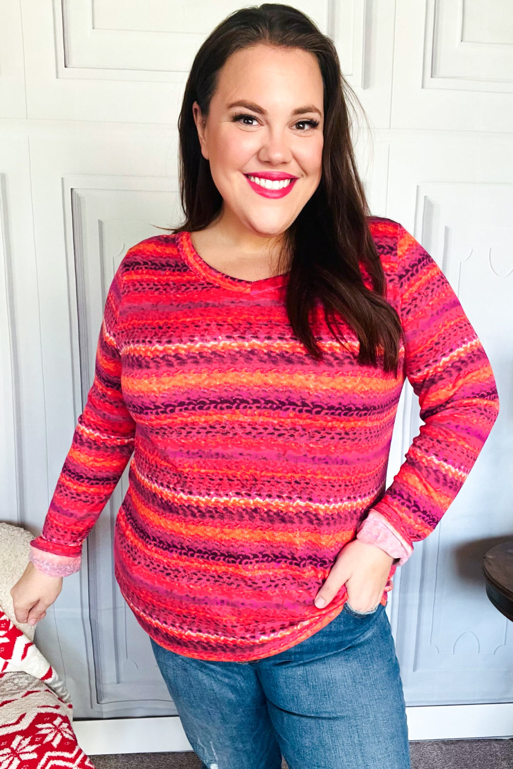 Be Bold Flame & Magenta Striped Cable Knit Print Hacci Top (Open Pack)