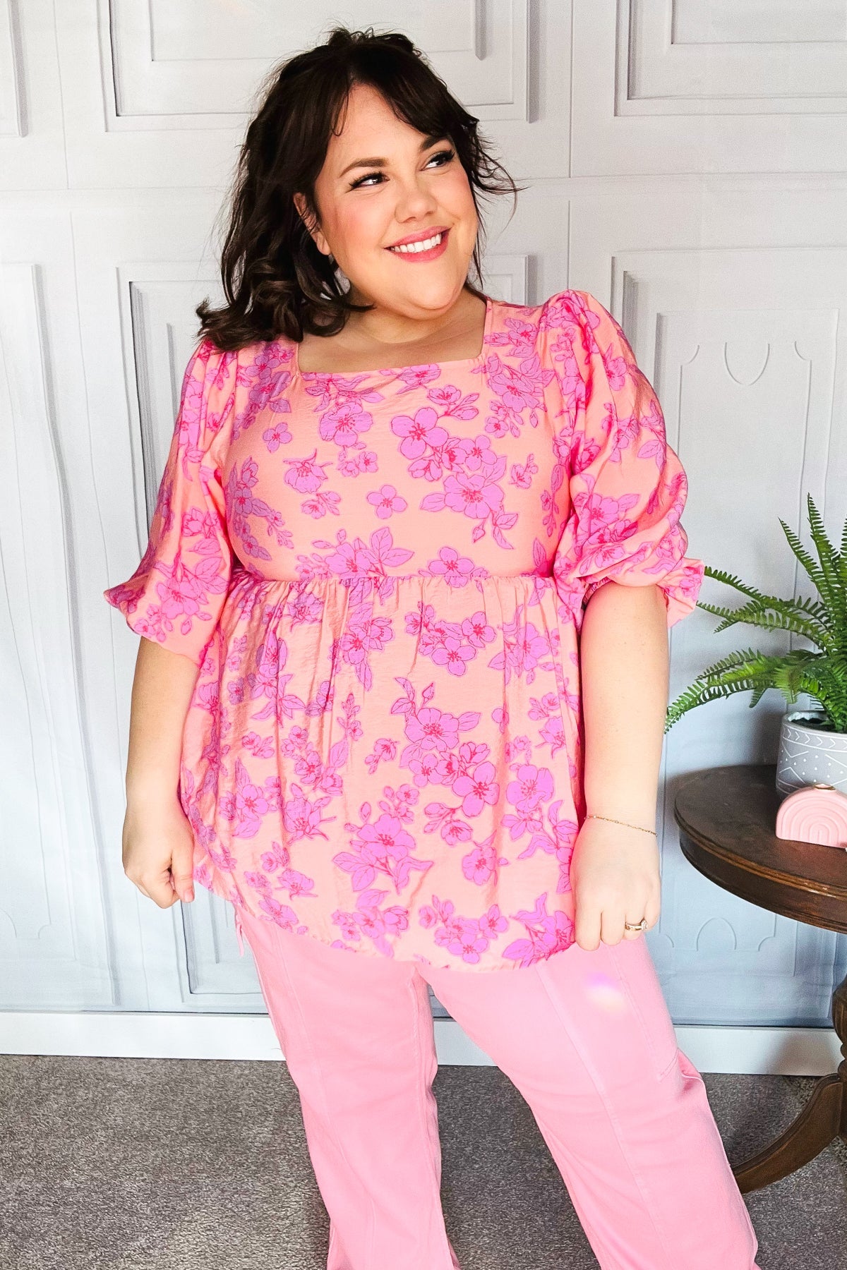 Making Moves Peach & Pink Floral Peplum Woven Top (Open Pack)