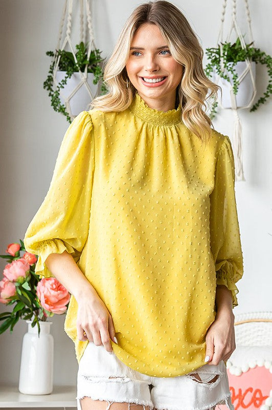 Yellow Swiss Dot Ruffle Sleeve Top