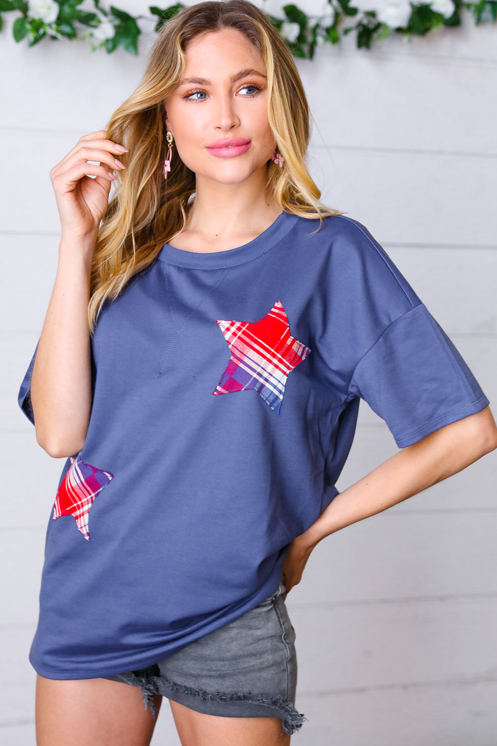 Plus Denim Blue Plaid Star Patch Cotton Blend Top