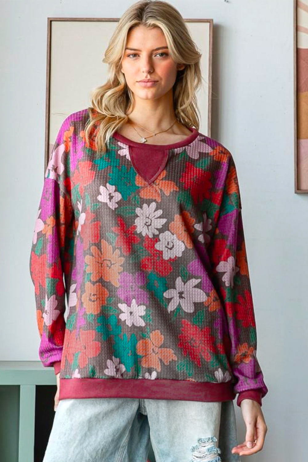 Look Adorable Brown/Multicolor Floral Waffle Terry Reverse Stitch Pull
