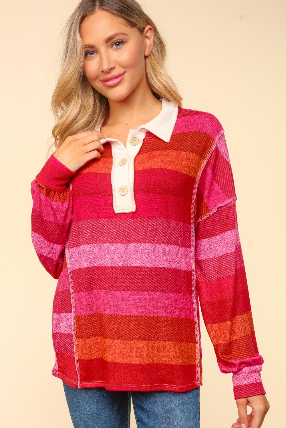 Collared Hacci Stripe Knit Top