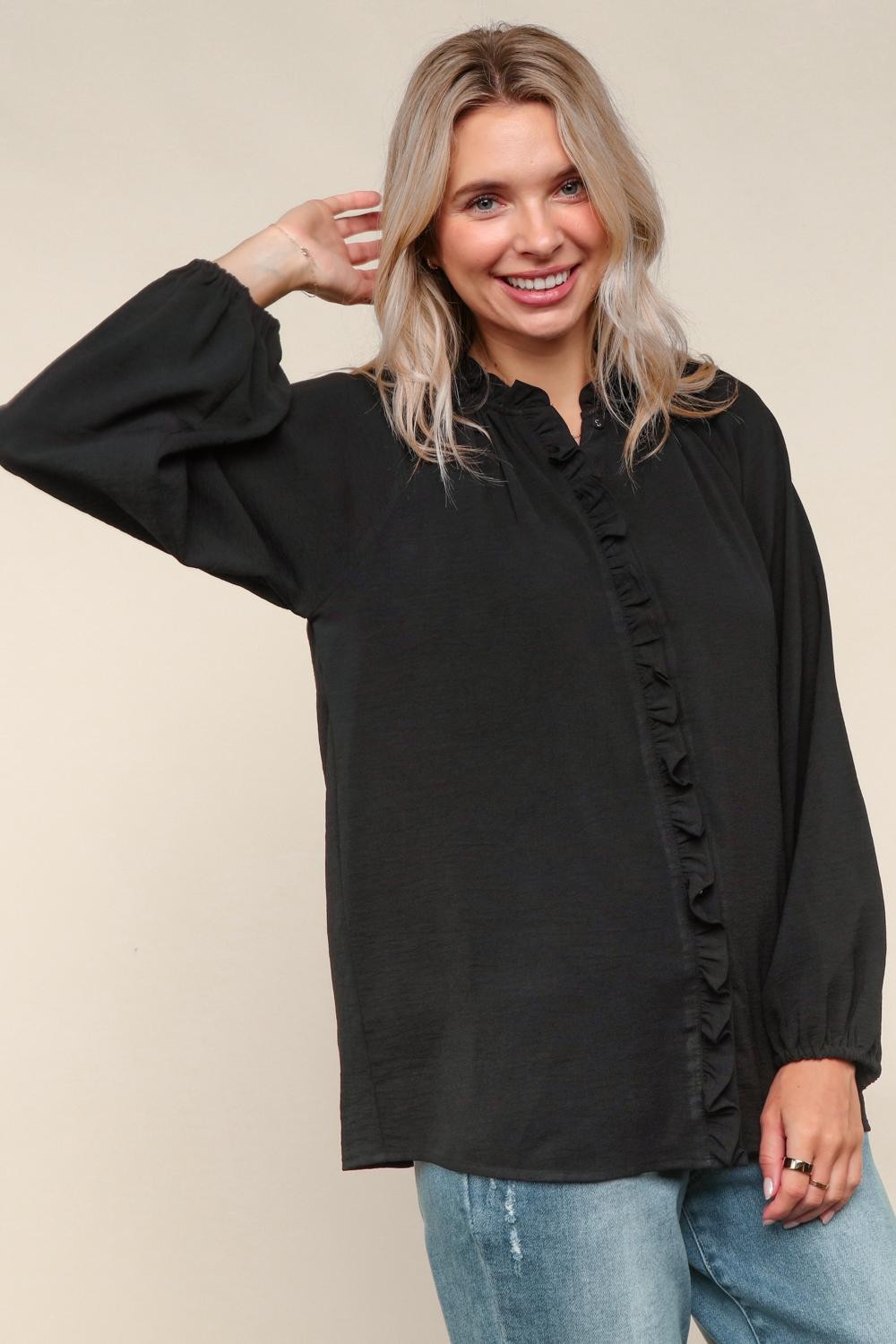 Plus Black Long Sleeve Button Down Woven Blouse Top
