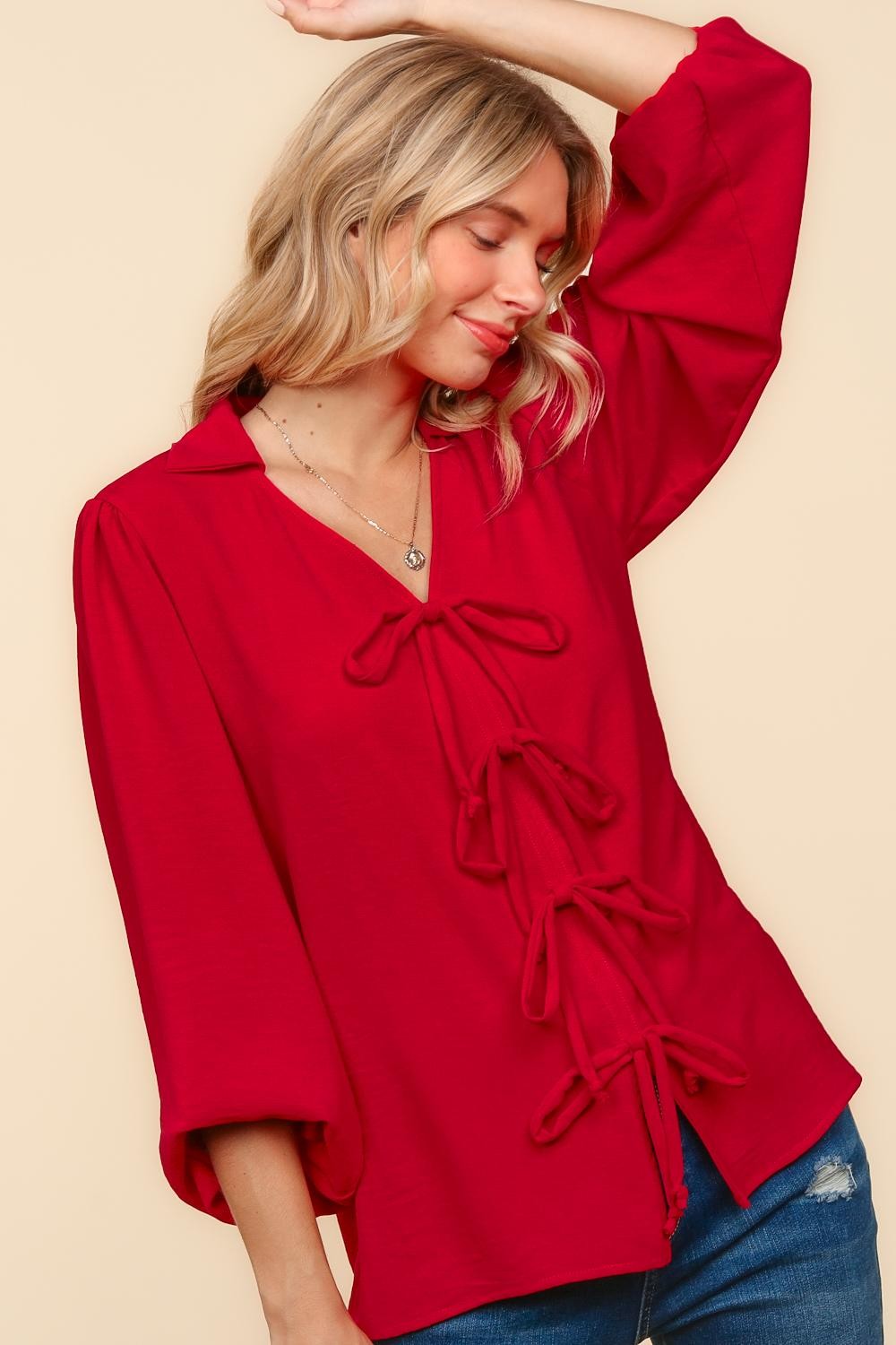 PLUS COLLARED NOTCH NECK RIBBON BOW WOVEN TOP
