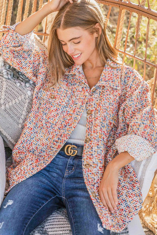 Plus Red & Rust Multi Color Tweed Shirts Jacket