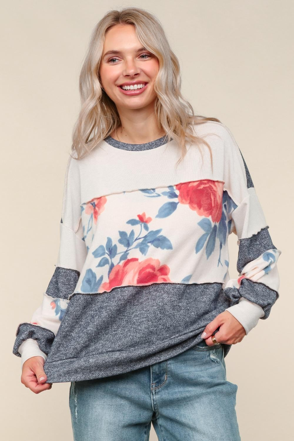 French Terry Color Block Pullover Knit Top