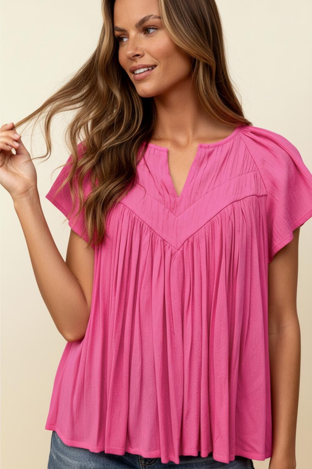 NOTCH NECK RAGLAN FLUTTER SHIRRED YOKE BLOUSE