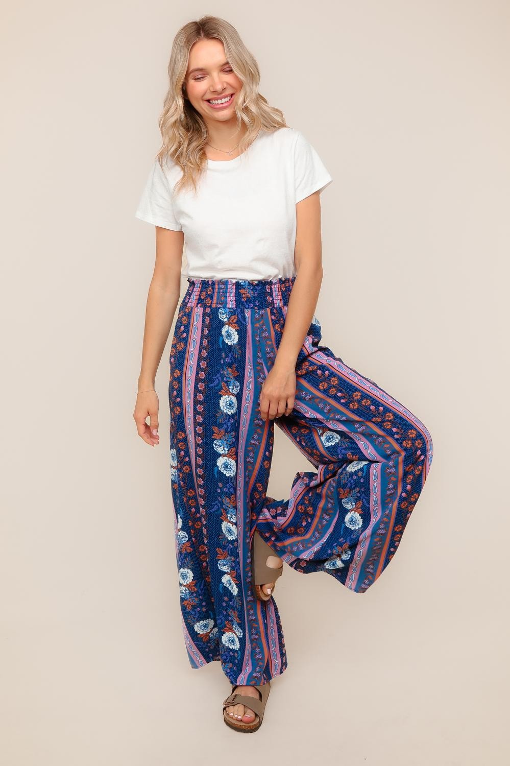 Smocked Waist Wide Leg Woven Pants W/ Pockets
