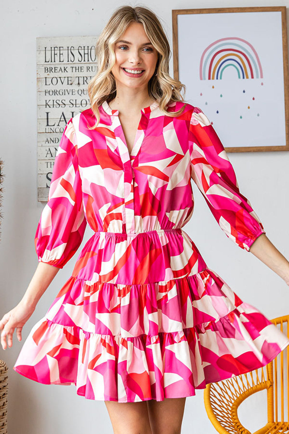 PINK ABSTRACT PRINT WOVEN SHORT DRESS