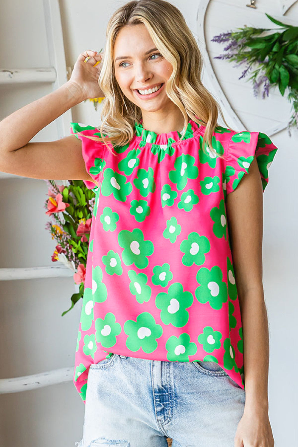 Plus Fuchsia & Green Floral Flutter Top