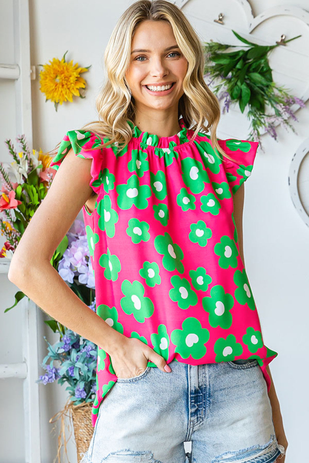 Fuchsia & Green Floral Flutter Top